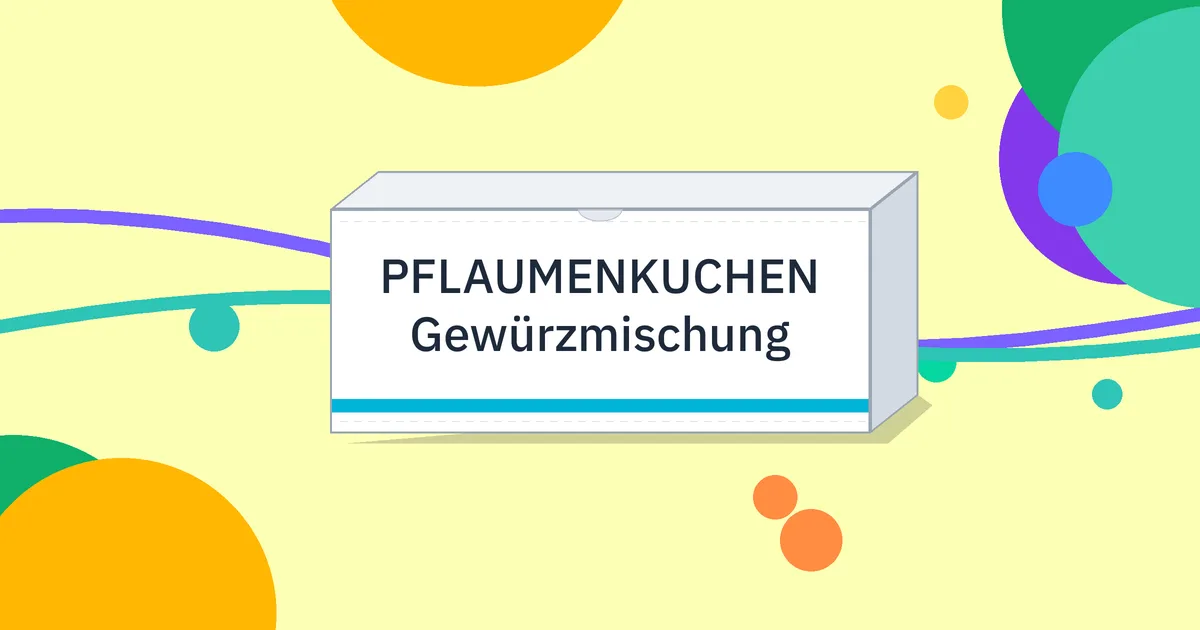 Symbolbild: Packung mit der Aufschrift PFLAUMENKUCHEN Gewürzmischung (PZN 10982323) – Verfügbarkeit und Bezug in Apotheken in Frankfurt am Main