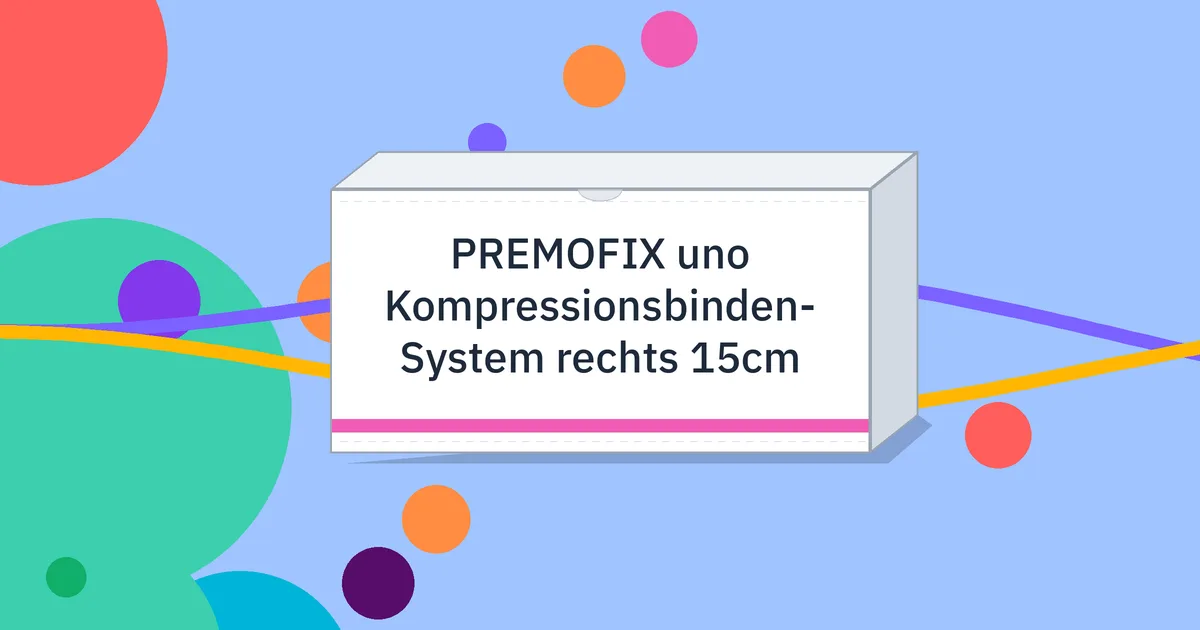 Symbolbild: Packung mit der Aufschrift PREMOFIX uno Kompressionsbinden-System rechts 15cm (PZN 09886382) – Verfügbarkeit und Bezug in Apotheken in Frankfurt am Main
