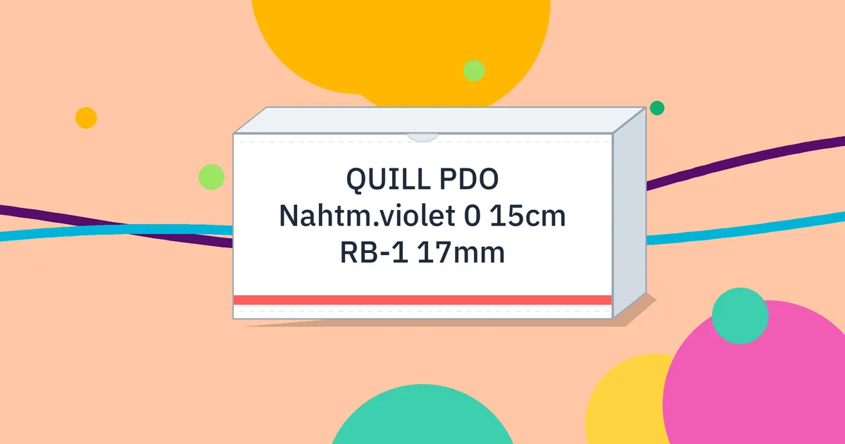 Symbolbild: Packung mit der Aufschrift QUILL PDO Nahtm.violet 0 15cm RB-1 17mm (PZN 17990685) – Verfügbarkeit und Bezug in Apotheken in Frankfurt am Main