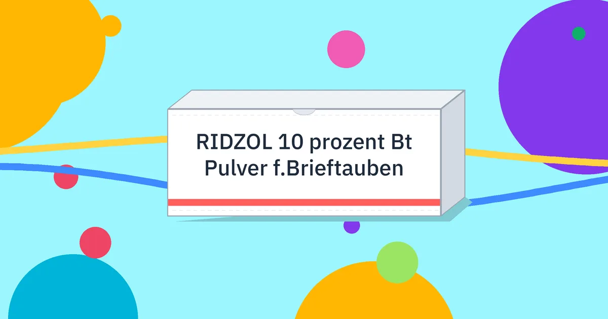 Symbolbild: Packung mit der Aufschrift RIDZOL 10 prozent Bt Pulver f.Brieftauben (PZN 03434265) – Verfügbarkeit und Bezug in Apotheken in Frankfurt am Main