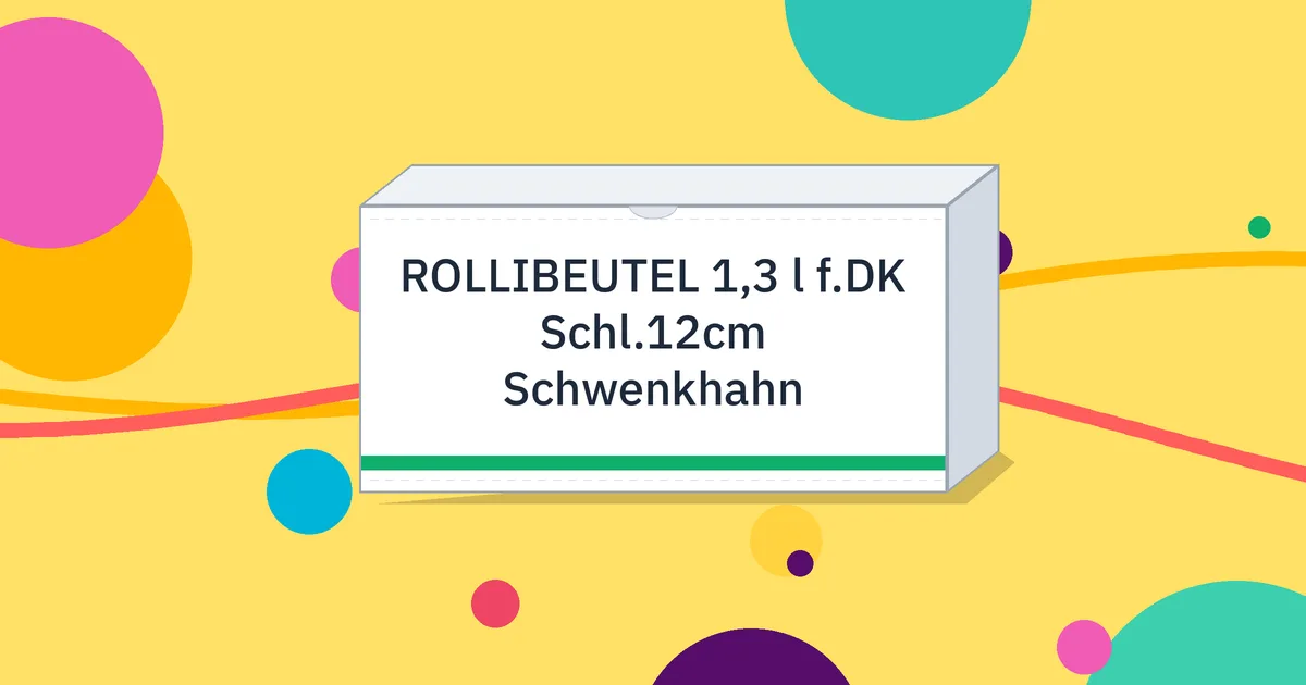 Symbolbild: Packung mit der Aufschrift ROLLIBEUTEL 1,3 l f.DK Schl.12cm Schwenkhahn (PZN 01180659) – Verfügbarkeit und Bezug in Apotheken in Frankfurt am Main