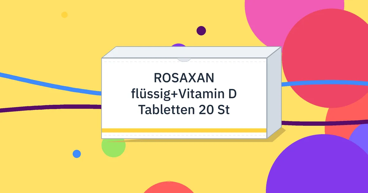 Symbolbild: Packung mit der Aufschrift ROSAXAN flüssig+Vitamin D Tabletten 20 St (PZN 09936192) – Verfügbarkeit und Bezug in Apotheken in Frankfurt am Main
