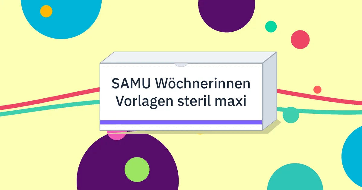 Symbolbild: Packung mit der Aufschrift SAMU Wöchnerinnen Vorlagen steril maxi (PZN 11318633) – Verfügbarkeit und Bezug in Apotheken in Frankfurt am Main