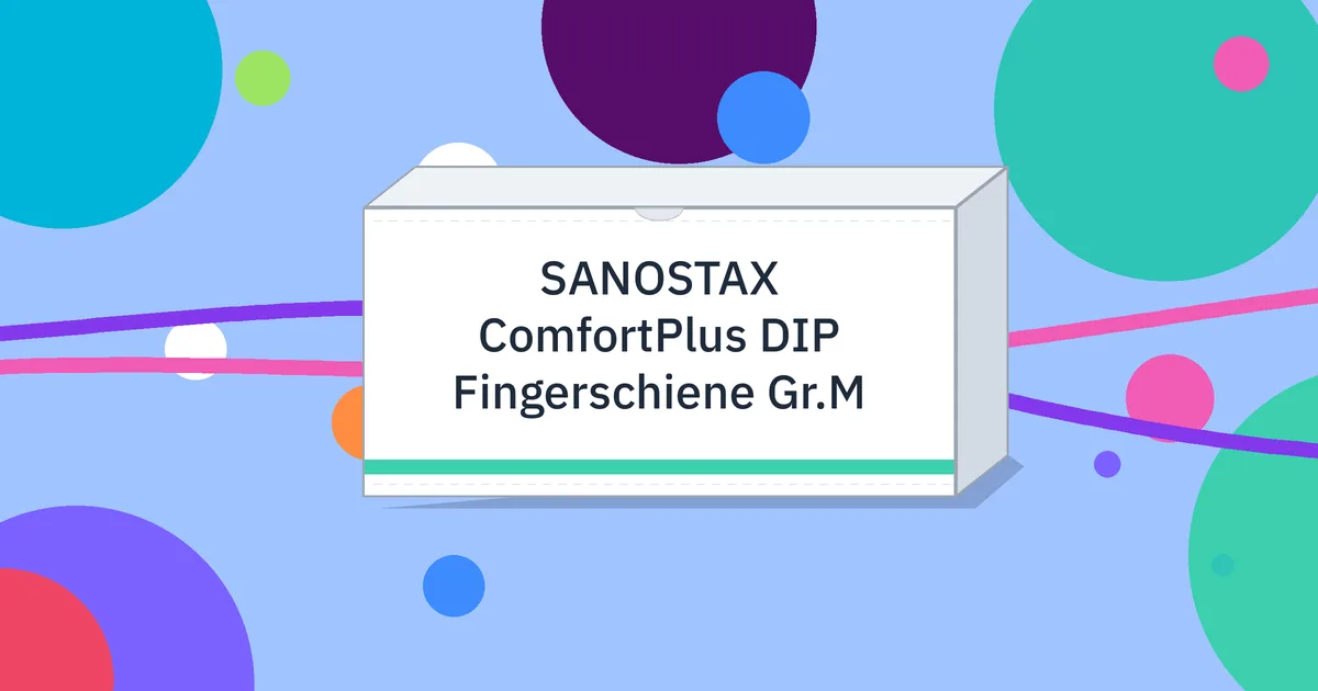 Symbolbild: Packung mit der Aufschrift SANOSTAX ComfortPlus DIP Fingerschiene Gr.M (PZN 13159251) – Verfügbarkeit und Bezug in Apotheken in Frankfurt am Main