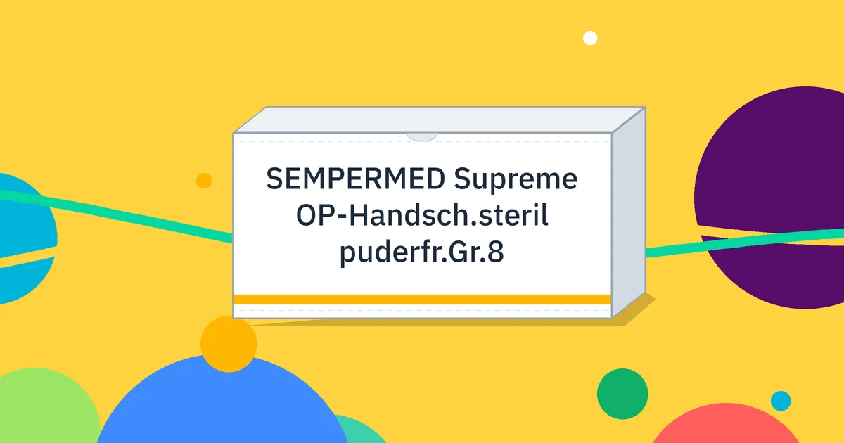 Symbolbild: Packung mit der Aufschrift SEMPERMED Supreme OP-Handsch.steril puderfr.Gr.8 (PZN 04200894) – Verfügbarkeit und Bezug in Apotheken in Frankfurt am Main