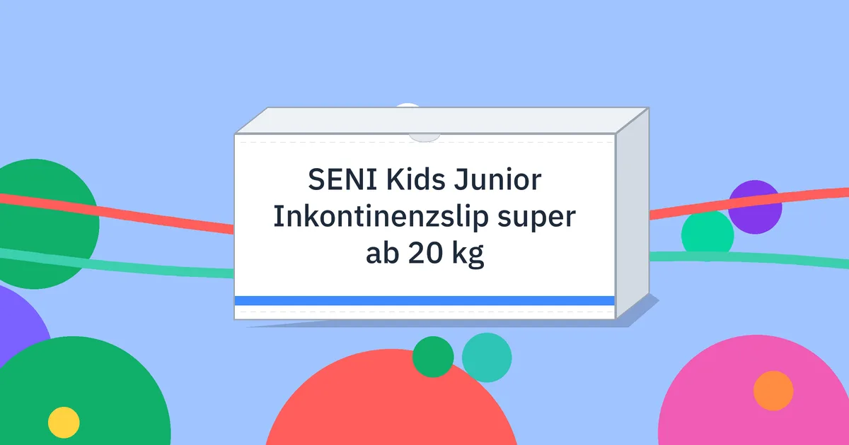 Symbolbild: Packung mit der Aufschrift SENI Kids Junior Inkontinenzslip super ab 20 kg (PZN 20286719) – Verfügbarkeit und Bezug in Apotheken in Frankfurt am Main