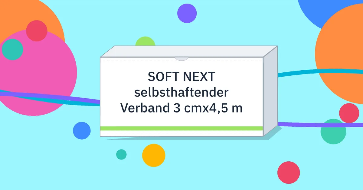 Symbolbild: Packung mit der Aufschrift SOFT NEXT selbsthaftender Verband 3 cmx4,5 m (PZN 20364721) – Verfügbarkeit und Bezug in Apotheken in Frankfurt am Main