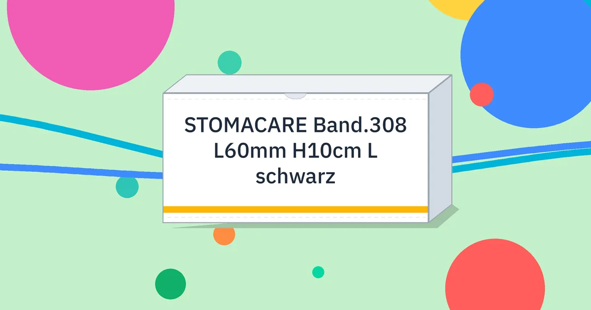 Symbolbild: Packung mit der Aufschrift STOMACARE Band.308 L60mm H10cm L schwarz (PZN 10841315) – Verfügbarkeit und Bezug in Apotheken in Frankfurt am Main