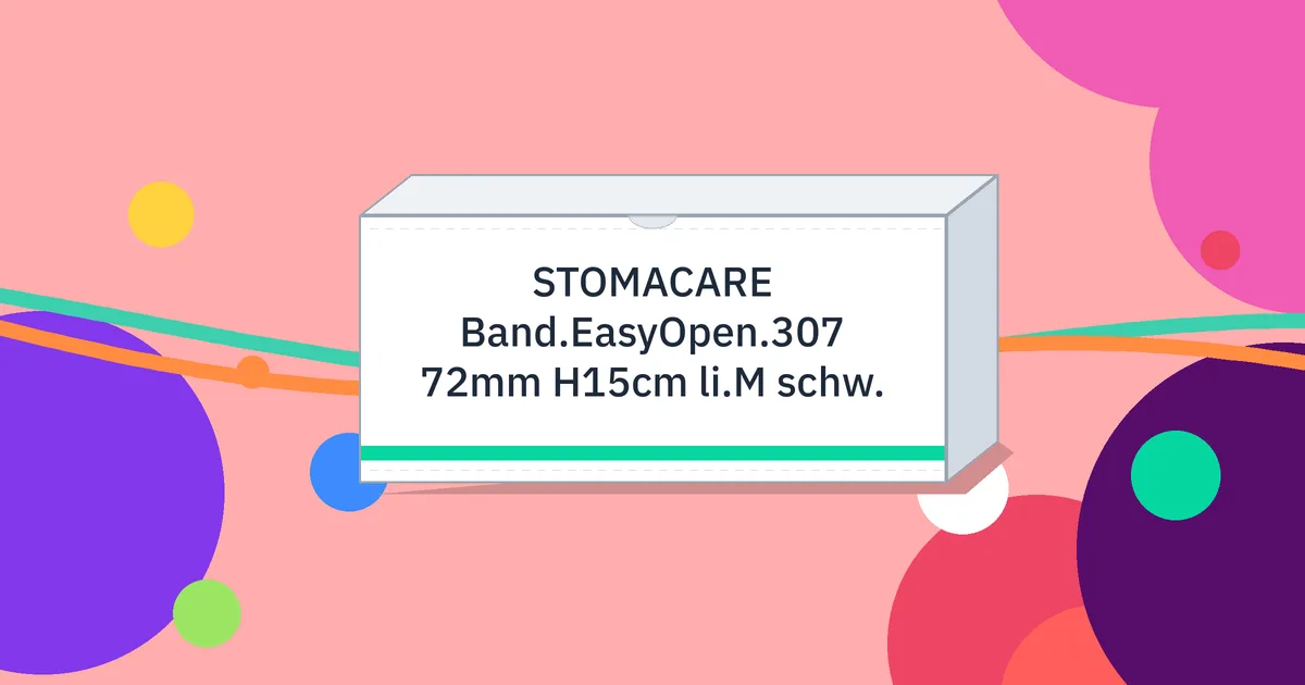 Symbolbild: Packung mit der Aufschrift STOMACARE Band.EasyOpen.307 72mm H15cm li.M schw. (PZN 09437537) – Verfügbarkeit und Bezug in Apotheken in Frankfurt am Main