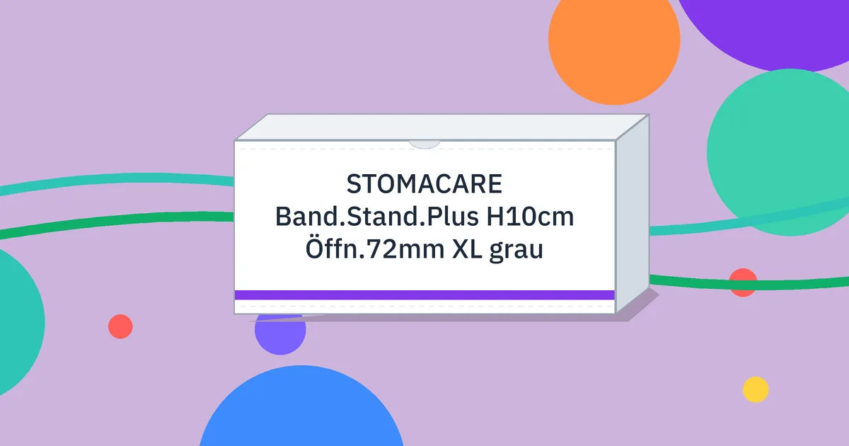 Symbolbild: Packung mit der Aufschrift STOMACARE Band.Stand.Plus H10cm Öffn.72mm XL grau (PZN 16750223) – Verfügbarkeit und Bezug in Apotheken in Frankfurt am Main