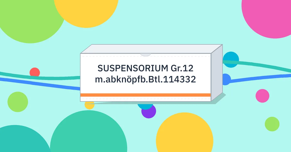 Symbolbild: Packung mit der Aufschrift SUSPENSORIUM Gr.12 m.abknöpfb.Btl.114332 (PZN 03230775) – Verfügbarkeit und Bezug in Apotheken in Frankfurt am Main