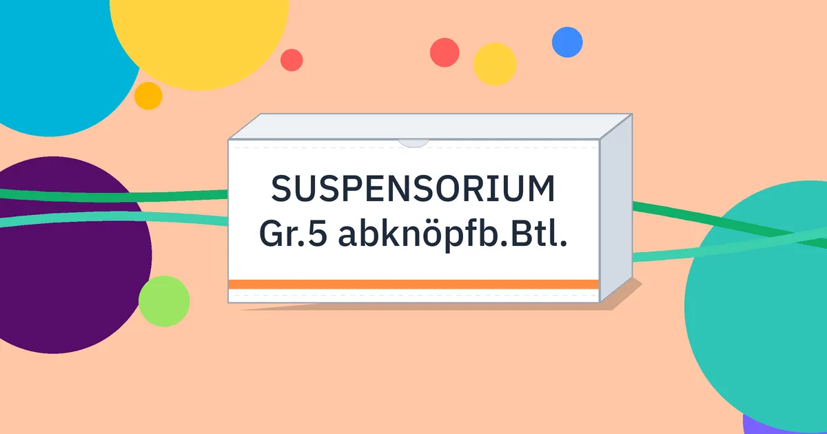 Symbolbild: Packung mit der Aufschrift SUSPENSORIUM Gr.5 abknöpfb.Btl. (PZN 04865435) – Verfügbarkeit und Bezug in Apotheken in Frankfurt am Main