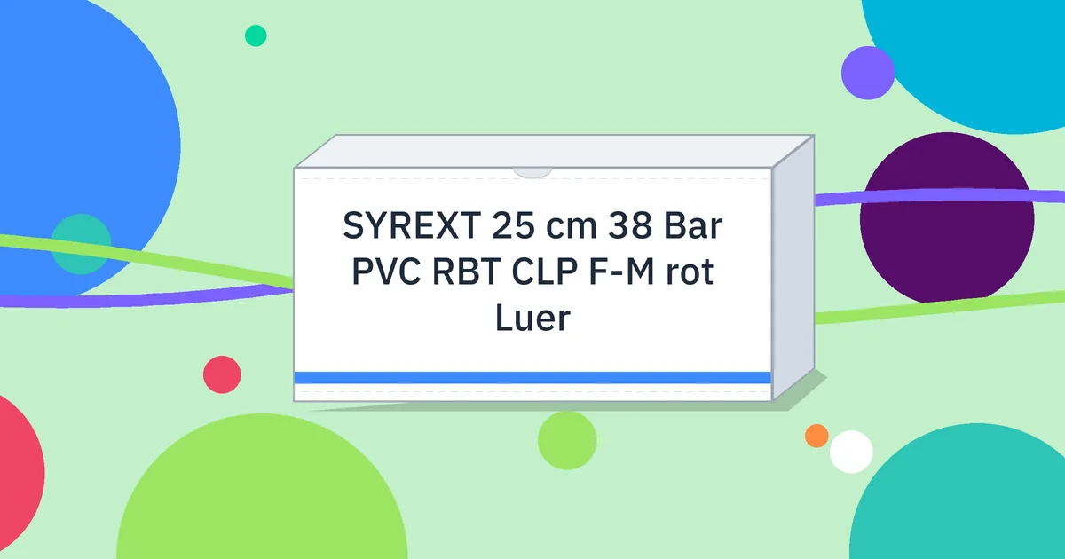 Symbolbild: Packung mit der Aufschrift SYREXT 25 cm 38 Bar PVC RBT CLP F-M rot Luer (PZN 17898821) – Verfügbarkeit und Bezug in Apotheken in Frankfurt am Main