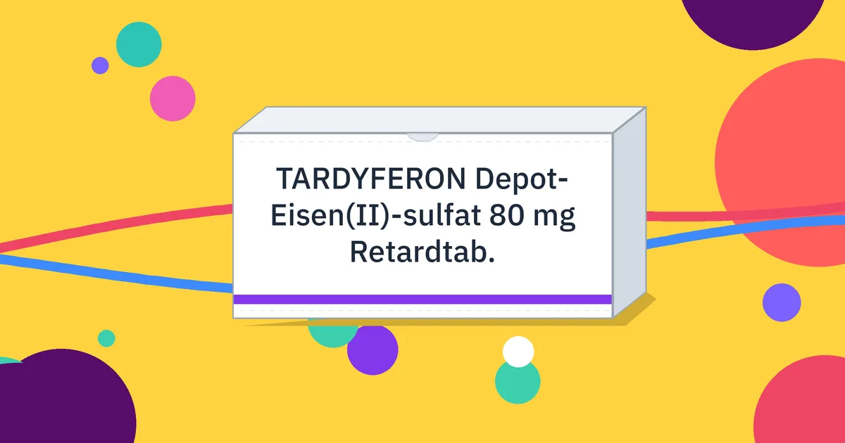 Symbolbild: Packung mit der Aufschrift TARDYFERON Depot-Eisen(II)-sulfat 80 mg Retardtab. (PZN 19454198) – Verfügbarkeit und Bezug in Apotheken in Frankfurt am Main