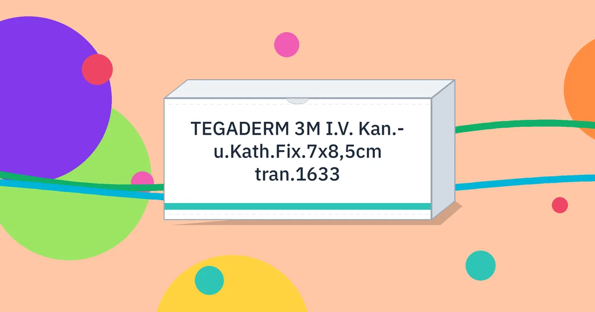 Symbolbild: Packung mit der Aufschrift TEGADERM 3M I.V. Kan.-u.Kath.Fix.7x8,5cm tran.1633 (PZN 18187660) – Verfügbarkeit und Bezug in Apotheken in Frankfurt am Main