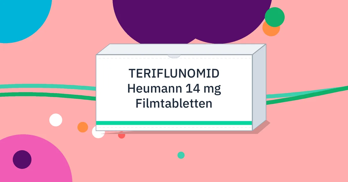 Symbolbild: Packung mit der Aufschrift TERIFLUNOMID Heumann 14 mg Filmtabletten (PZN 18914717) – Verfügbarkeit und Bezug in Apotheken in Frankfurt am Main