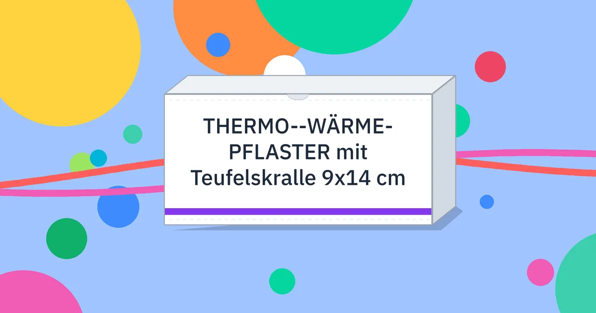 Symbolbild: Packung mit der Aufschrift THERMO--WÄRME-PFLASTER mit Teufelskralle 9x14 cm (PZN 00351627) – Verfügbarkeit und Bezug in Apotheken in Frankfurt am Main