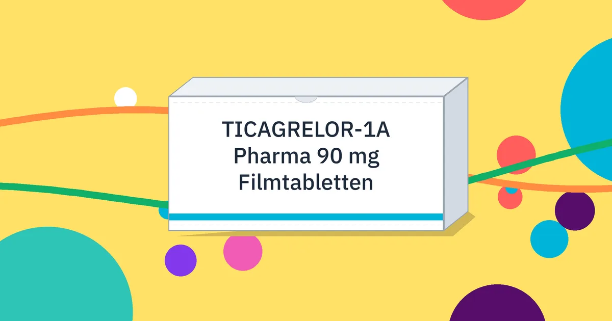 Symbolbild: Packung mit der Aufschrift TICAGRELOR-1A Pharma 90 mg Filmtabletten (PZN 19399252) – Verfügbarkeit und Bezug in Apotheken in Frankfurt am Main