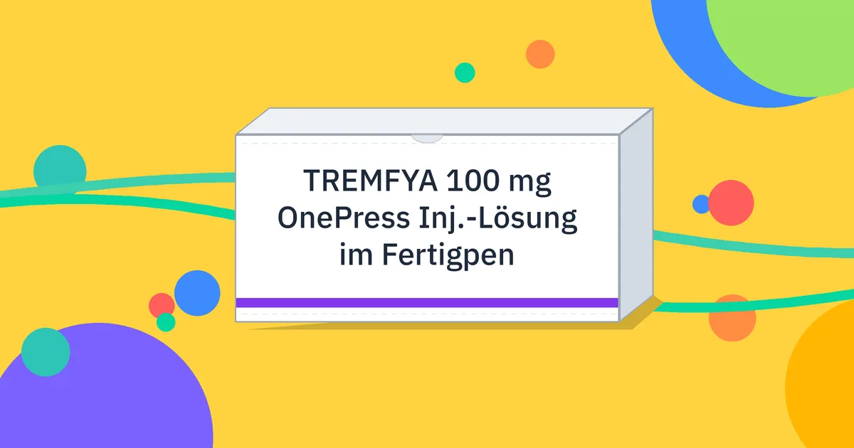 Symbolbild: Packung mit der Aufschrift TREMFYA 100 mg OnePress Inj.-Lösung im Fertigpen (PZN 20825837) – Verfügbarkeit und Bezug in Apotheken in Frankfurt am Main