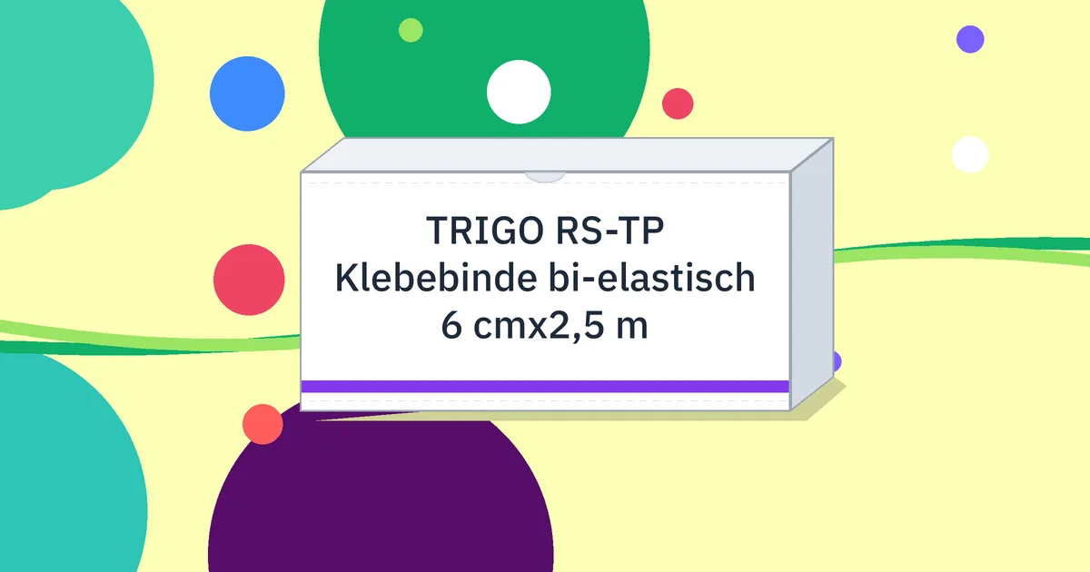 Symbolbild: Packung mit der Aufschrift TRIGO RS-TP Klebebinde bi-elastisch 6 cmx2,5 m (PZN 09944808) – Verfügbarkeit und Bezug in Apotheken in Frankfurt am Main