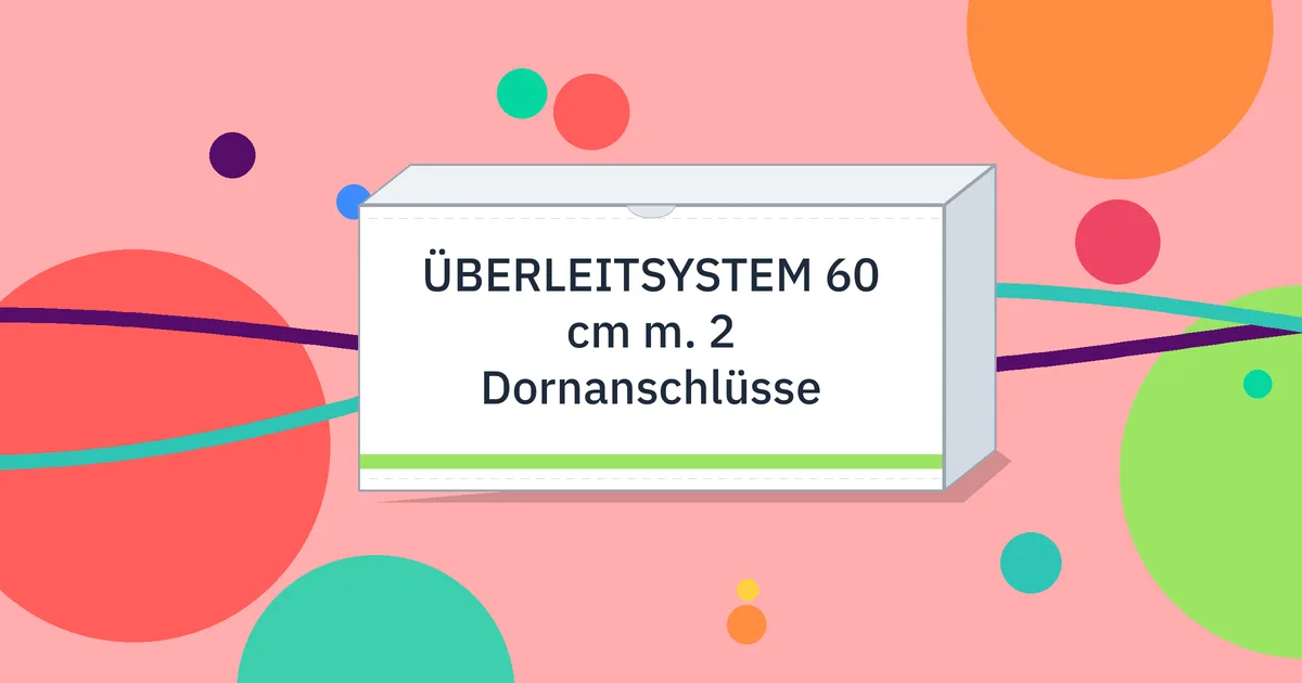 Symbolbild: Packung mit der Aufschrift ÜBERLEITSYSTEM 60 cm m. 2 Dornanschlüsse (PZN 01055115) – Verfügbarkeit und Bezug in Apotheken in Frankfurt am Main