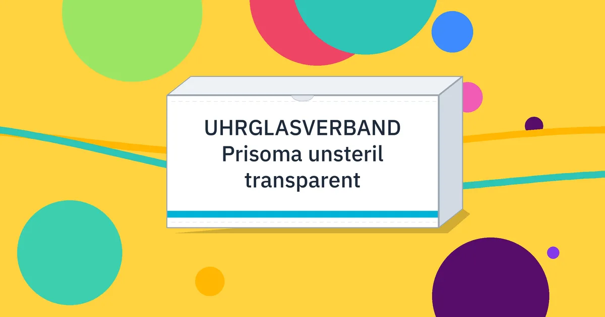 Symbolbild: Packung mit der Aufschrift UHRGLASVERBAND Prisoma unsteril transparent (PZN 20349058) – Verfügbarkeit und Bezug in Apotheken in Frankfurt am Main