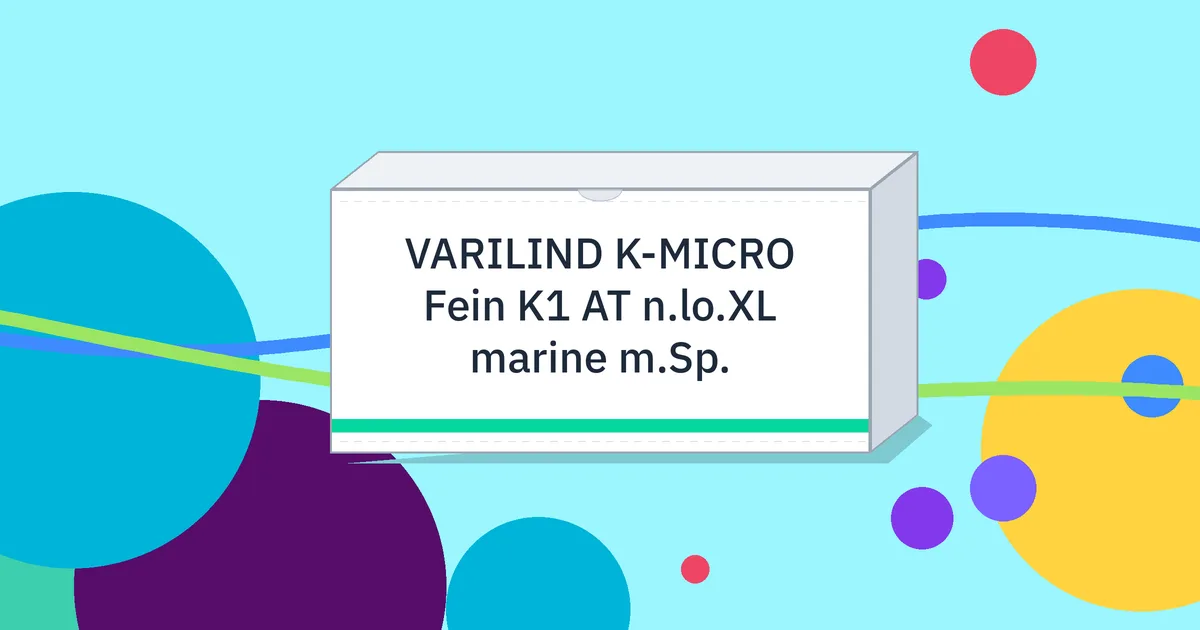 Symbolbild: Packung mit der Aufschrift VARILIND K-MICRO Fein K1 AT n.lo.XL marine m.Sp. (PZN 20552026) – Verfügbarkeit und Bezug in Apotheken in Frankfurt am Main