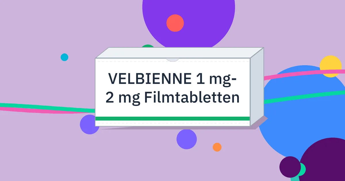 Symbolbild: Packung mit der Aufschrift VELBIENNE 1 mg-2 mg Filmtabletten (PZN 10980666) – Verfügbarkeit und Bezug in Apotheken in Frankfurt am Main