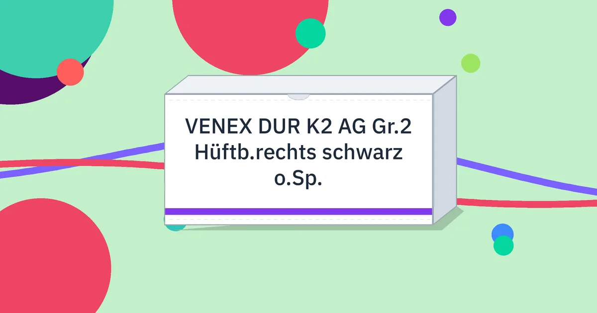Symbolbild: Packung mit der Aufschrift VENEX DUR K2 AG Gr.2 Hüftb.rechts schwarz o.Sp. (PZN 03233012) – Verfügbarkeit und Bezug in Apotheken in Frankfurt am Main