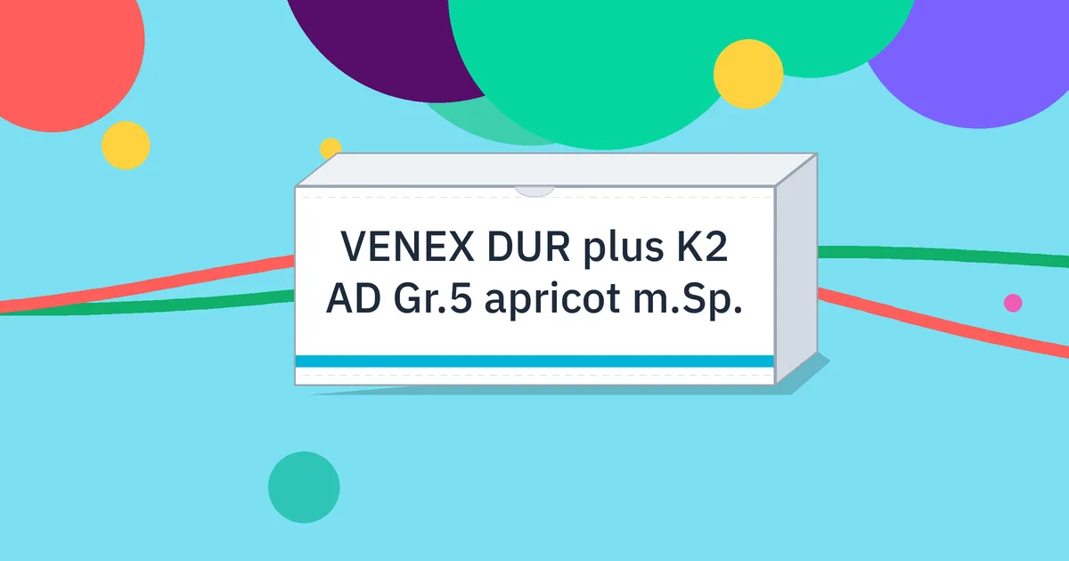 Symbolbild: Packung mit der Aufschrift VENEX DUR plus K2 AD Gr.5 apricot m.Sp. (PZN 03233294) – Verfügbarkeit und Bezug in Apotheken in Frankfurt am Main