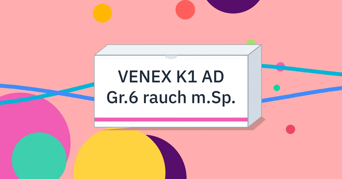 Symbolbild: Packung mit der Aufschrift VENEX K1 AD Gr.6 rauch m.Sp. (PZN 03183685) – Verfügbarkeit und Bezug in Apotheken in Frankfurt am Main