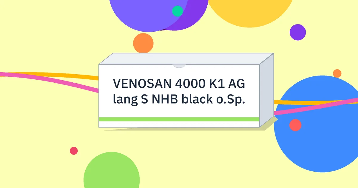 Symbolbild: Packung mit der Aufschrift VENOSAN 4000 K1 AG lang S NHB black o.Sp. (PZN 14426843) – Verfügbarkeit und Bezug in Apotheken in Frankfurt am Main