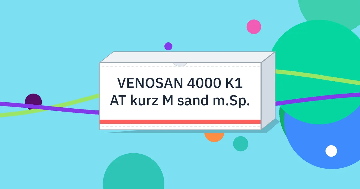 Symbolbild: Packung mit der Aufschrift VENOSAN 4000 K1 AT kurz M sand m.Sp. (PZN 14421981) – Verfügbarkeit und Bezug in Apotheken in Frankfurt am Main