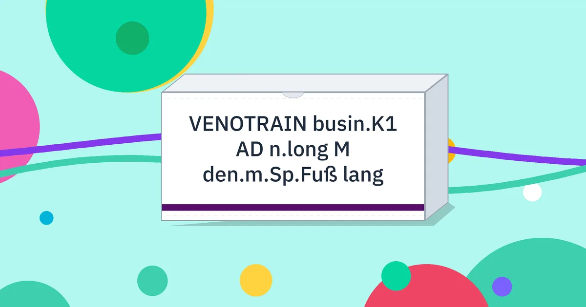 Symbolbild: Packung mit der Aufschrift VENOTRAIN busin.K1 AD n.long M den.m.Sp.Fuß lang (PZN 19056629) – Verfügbarkeit und Bezug in Apotheken in Frankfurt am Main
