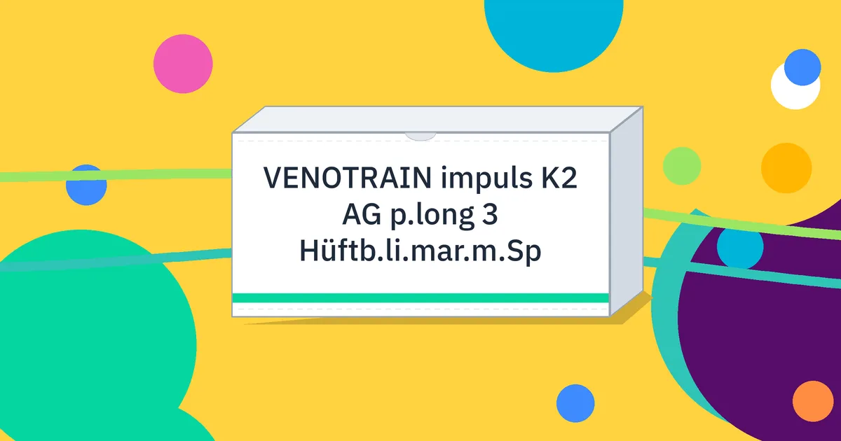 Symbolbild: Packung mit der Aufschrift VENOTRAIN impuls K2 AG p.long 3 Hüftb.li.mar.m.Sp (PZN 15218963) – Verfügbarkeit und Bezug in Apotheken in Frankfurt am Main