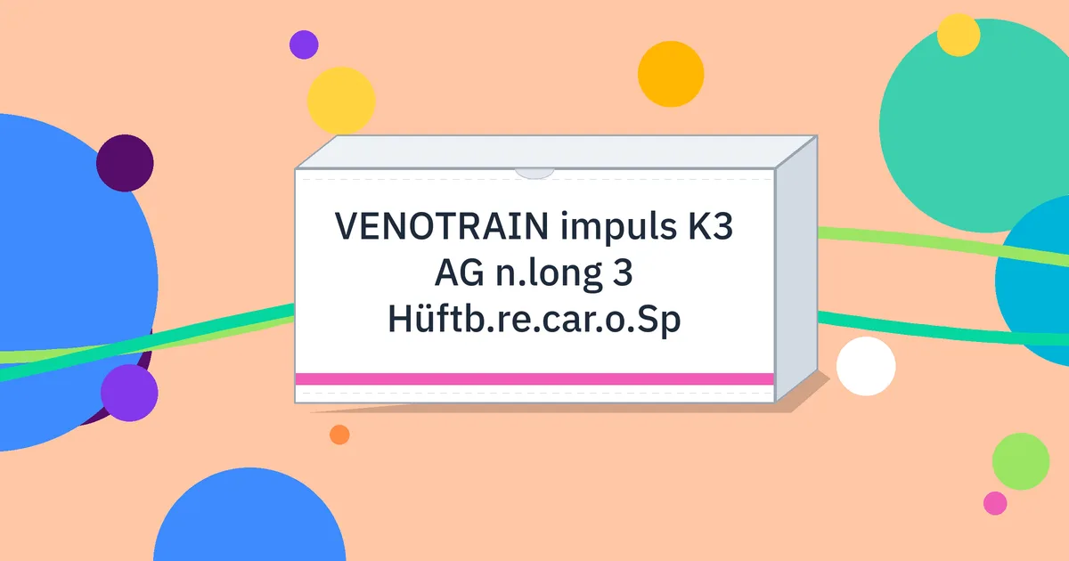 Symbolbild: Packung mit der Aufschrift VENOTRAIN impuls K3 AG n.long 3 Hüftb.re.car.o.Sp (PZN 08422835) – Verfügbarkeit und Bezug in Apotheken in Frankfurt am Main