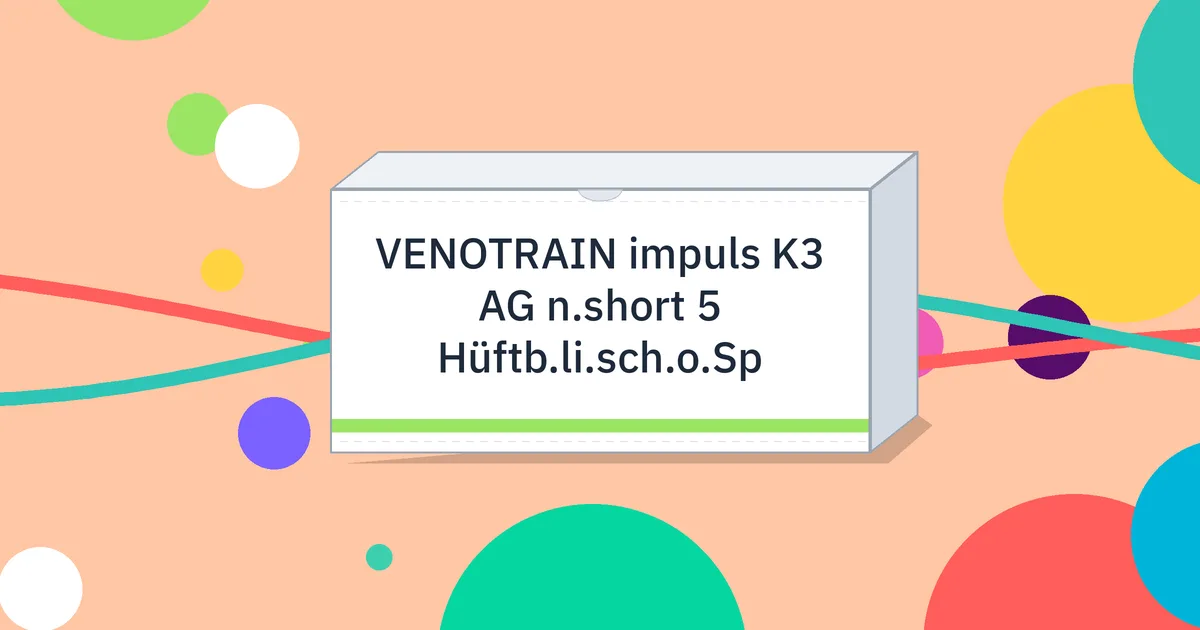 Symbolbild: Packung mit der Aufschrift VENOTRAIN impuls K3 AG n.short 5 Hüftb.li.sch.o.Sp (PZN 10295887) – Verfügbarkeit und Bezug in Apotheken in Frankfurt am Main