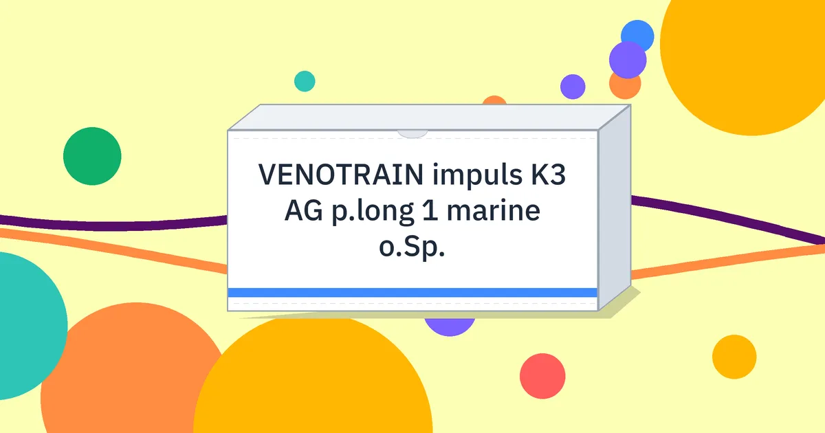 Symbolbild: Packung mit der Aufschrift VENOTRAIN impuls K3 AG p.long 1 marine o.Sp. (PZN 15213345) – Verfügbarkeit und Bezug in Apotheken in Frankfurt am Main