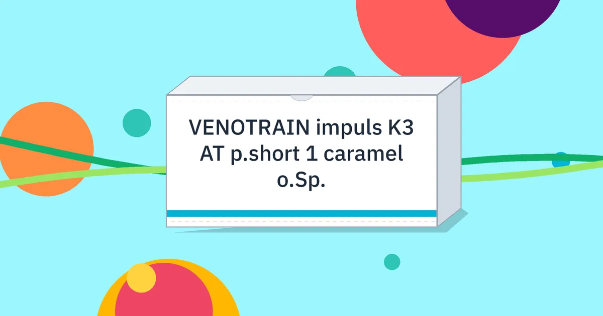 Symbolbild: Packung mit der Aufschrift VENOTRAIN impuls K3 AT p.short 1 caramel o.Sp. (PZN 19355303) – Verfügbarkeit und Bezug in Apotheken in Frankfurt am Main