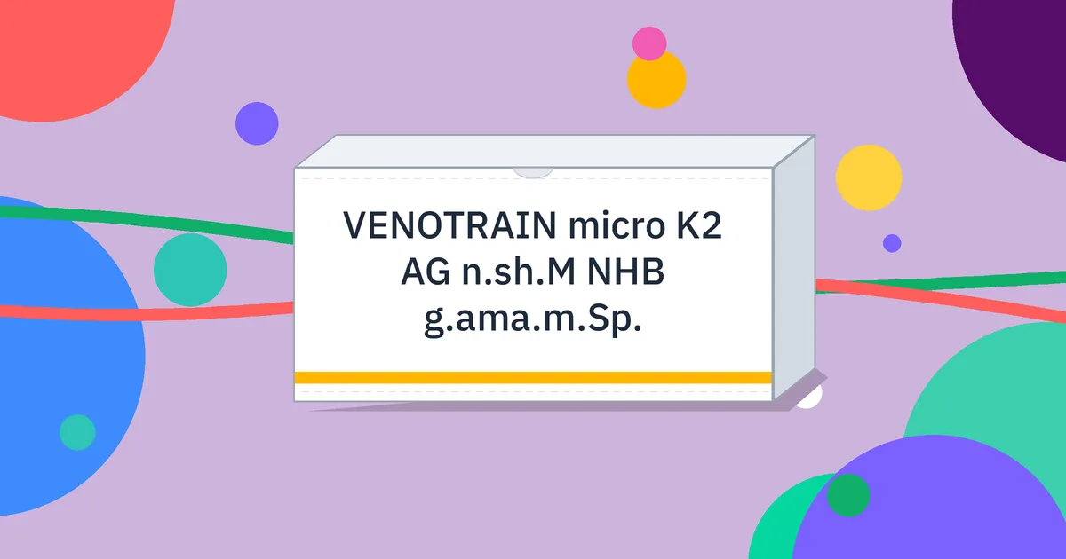 Symbolbild: Packung mit der Aufschrift VENOTRAIN micro K2 AG n.sh.M NHB g.ama.m.Sp. (PZN 05999698) – Verfügbarkeit und Bezug in Apotheken in Frankfurt am Main