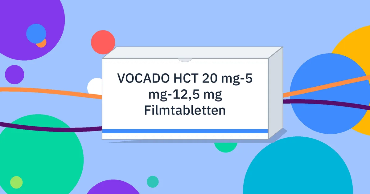 Symbolbild: Packung mit der Aufschrift VOCADO HCT 20 mg-5 mg-12,5 mg Filmtabletten (PZN 07381778) – Verfügbarkeit und Bezug in Apotheken in Frankfurt am Main