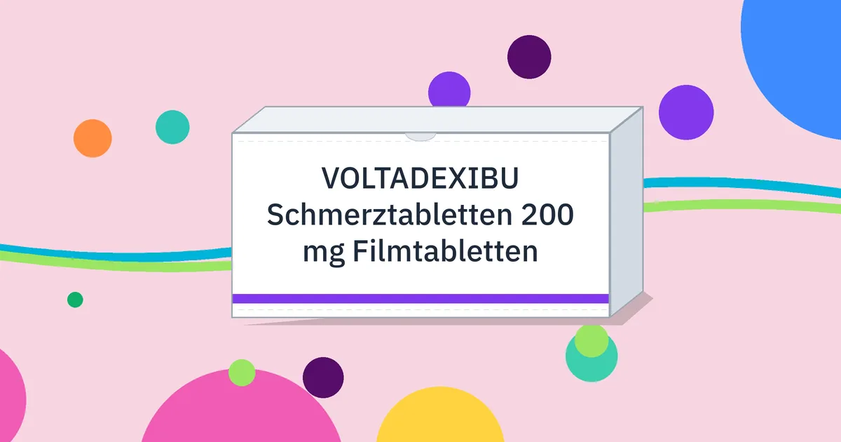 Symbolbild: Packung mit der Aufschrift VOLTADEXIBU Schmerztabletten 200 mg Filmtabletten (PZN 19208418) – Verfügbarkeit und Bezug in Apotheken in Frankfurt am Main