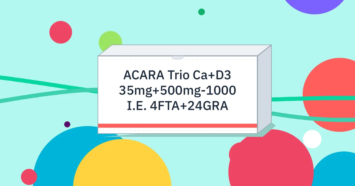 Symbolbild: Packung mit der Aufschrift ACARA Trio Ca+D3 35mg+500mg-1000 I.E. 4FTA+24GRA (PZN 14169085) – Verfügbarkeit und Bezug in Apotheken in Frankfurt am Main