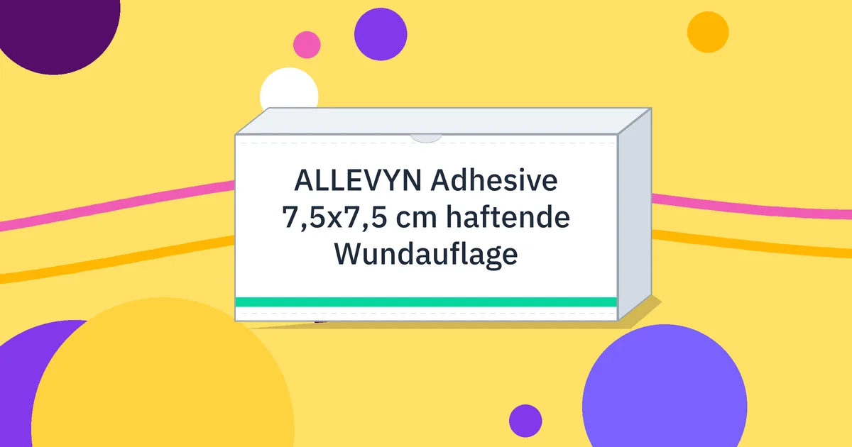 Symbolbild: Packung mit der Aufschrift ALLEVYN Adhesive 7,5x7,5 cm haftende Wundauflage (PZN 18736345) – Verfügbarkeit und Bezug in Apotheken in Frankfurt am Main