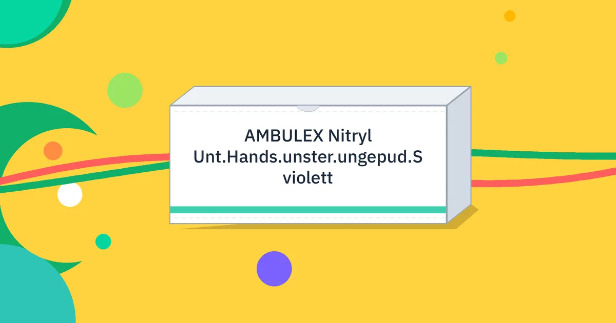 Symbolbild: Packung mit der Aufschrift AMBULEX Nitryl Unt.Hands.unster.ungepud.S violett (PZN 17879120) – Verfügbarkeit und Bezug in Apotheken in Frankfurt am Main
