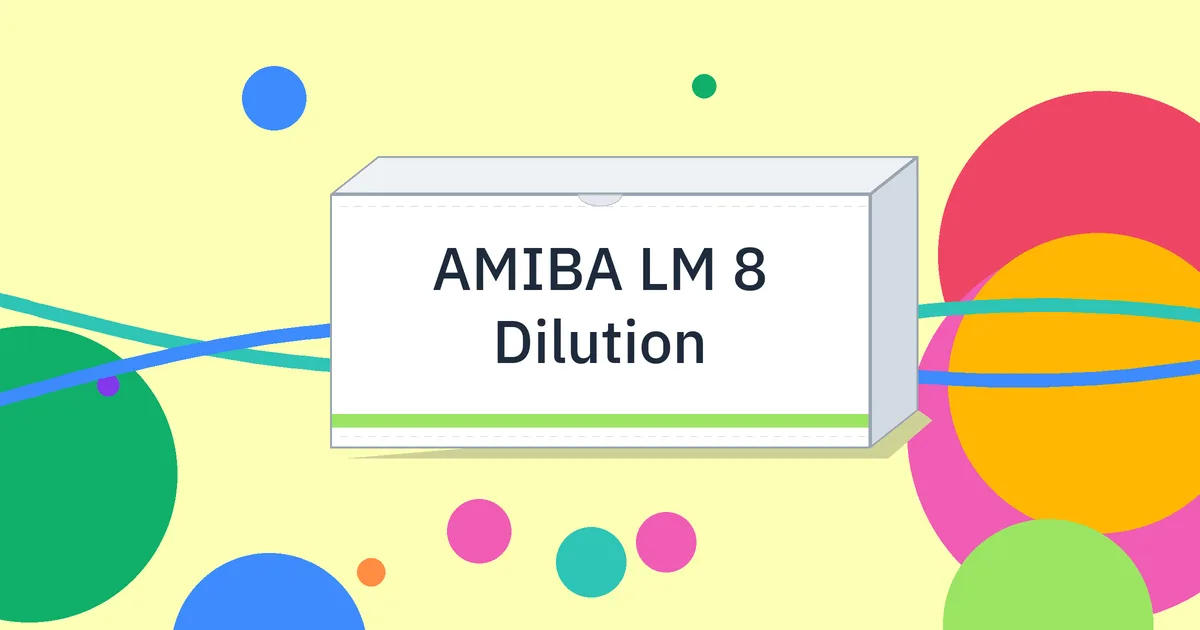 Symbolbild: Packung mit der Aufschrift AMIBA LM 8 Dilution (PZN 13318494) – Verfügbarkeit und Bezug in Apotheken in Frankfurt am Main