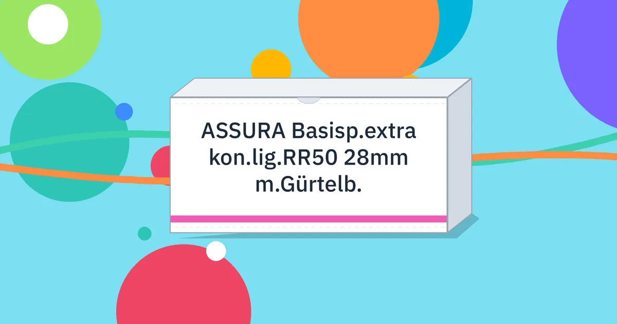 Symbolbild: Packung mit der Aufschrift ASSURA Basisp.extra kon.lig.RR50 28mm m.Gürtelb. (PZN 04312038) – Verfügbarkeit und Bezug in Apotheken in Frankfurt am Main