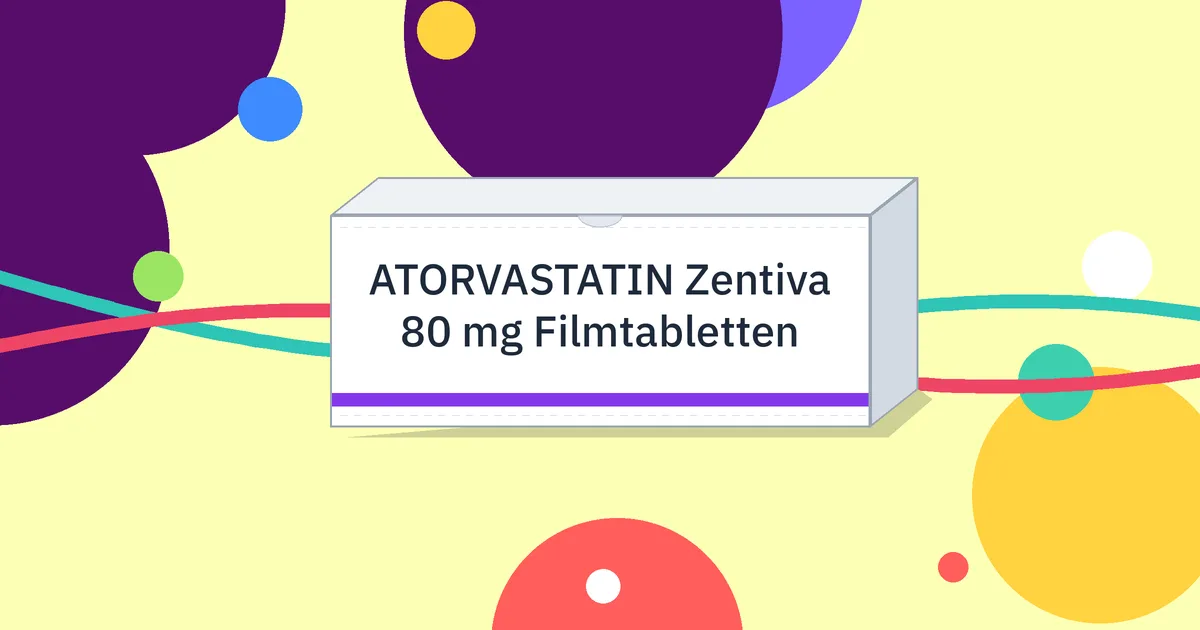 Symbolbild: Packung mit der Aufschrift ATORVASTATIN Zentiva 80 mg Filmtabletten (PZN 15784533) – Verfügbarkeit und Bezug in Apotheken in Frankfurt am Main