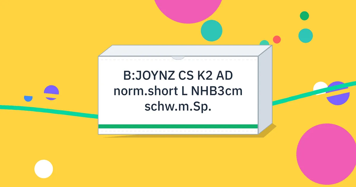 Symbolbild: Packung mit der Aufschrift B:JOYNZ CS K2 AD norm.short L NHB3cm schw.m.Sp. (PZN 20529903) – Verfügbarkeit und Bezug in Apotheken in Frankfurt am Main
