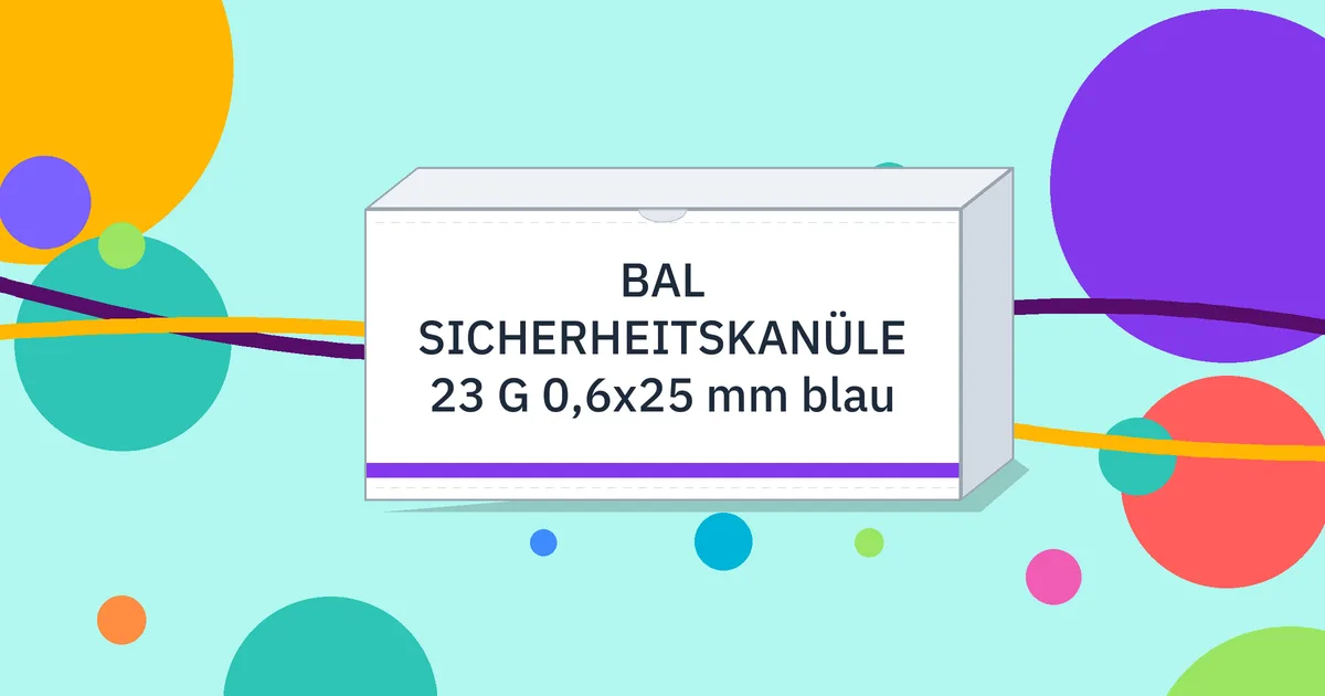 Symbolbild: Packung mit der Aufschrift BAL SICHERHEITSKANÜLE 23 G 0,6x25 mm blau (PZN 19124302) – Verfügbarkeit und Bezug in Apotheken in Frankfurt am Main